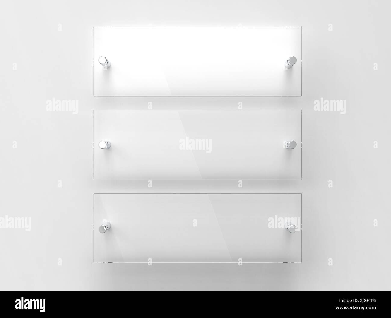 Three transparent glass nameplate plates on spacer metal holders. Clear ...