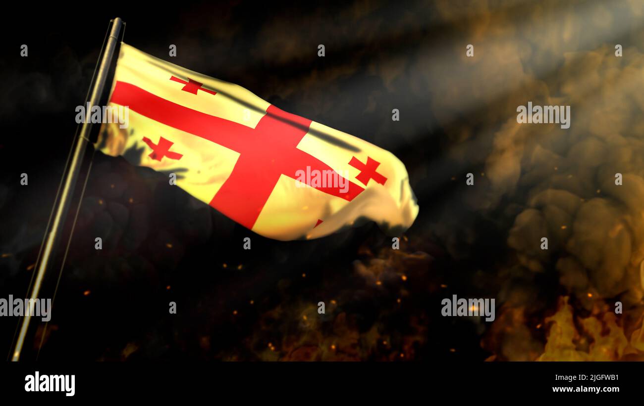 soft focus Georgia flag on smoke with sun rays background - catastrophe ...