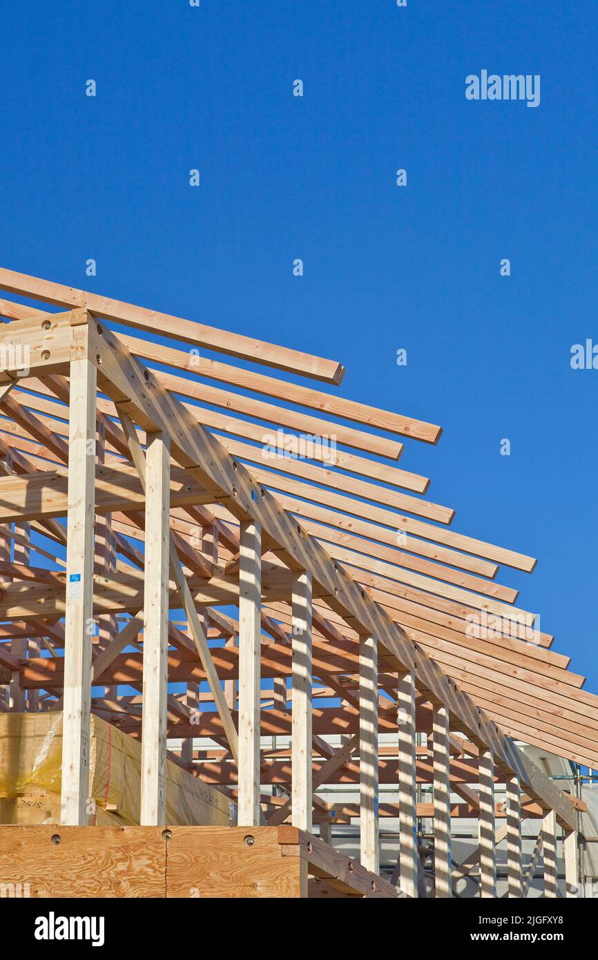 Detail of prefabricated house construction in Ontakesan, Tokyo, Japan ...