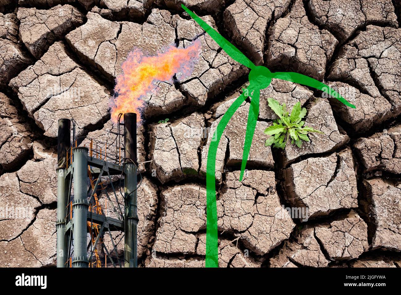 Gas flare stack, bent wind turbine on cracked earth background. Global ...