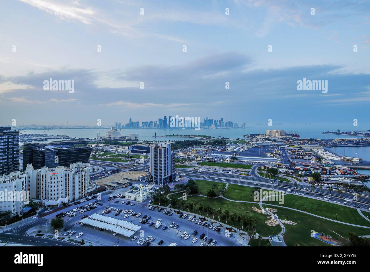Aerial View of Doha Corniche early morning Stock Photo - Alamy