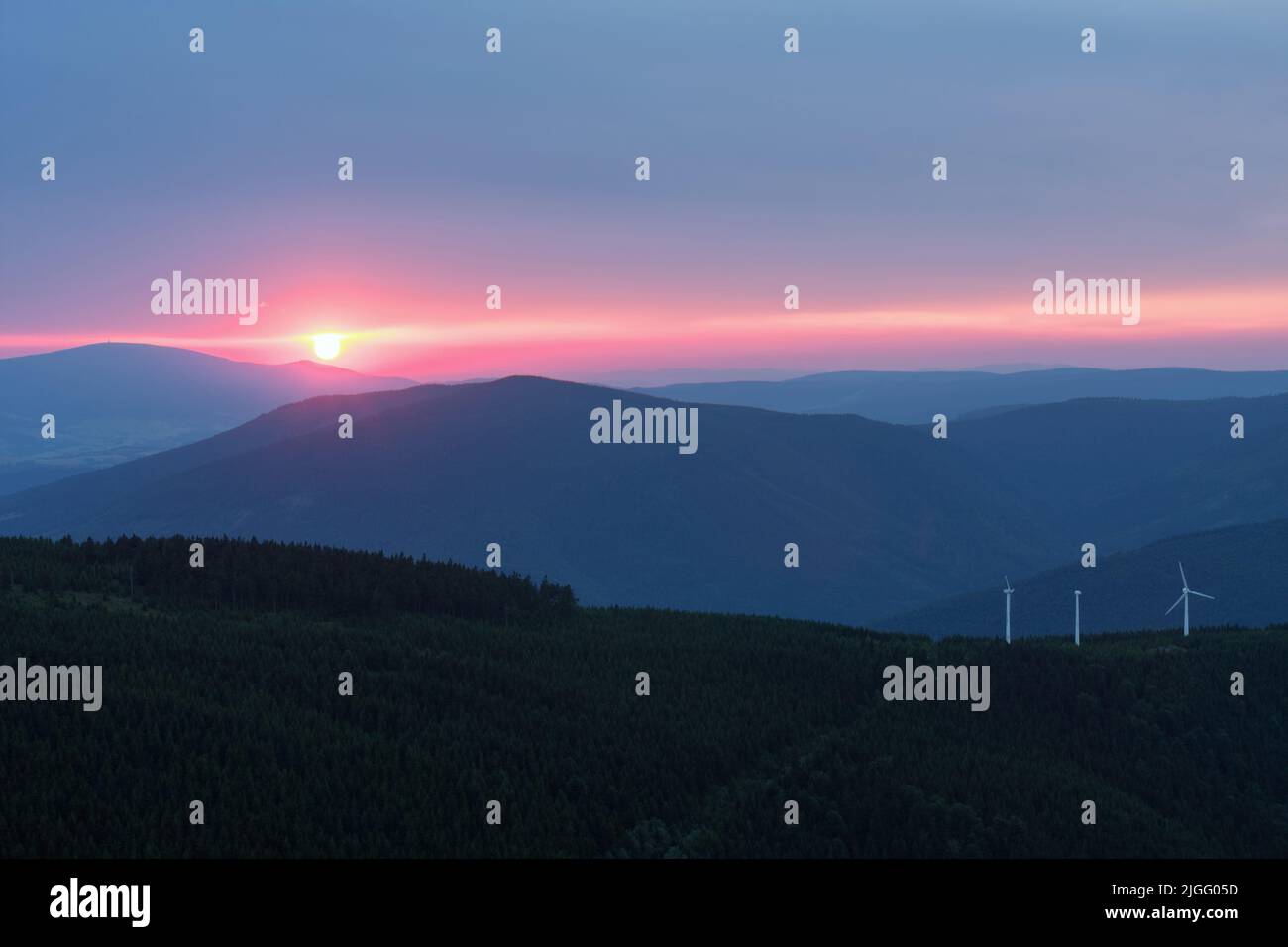 Wind turbines in Bear mountain , view from upper water reservoir of the ...