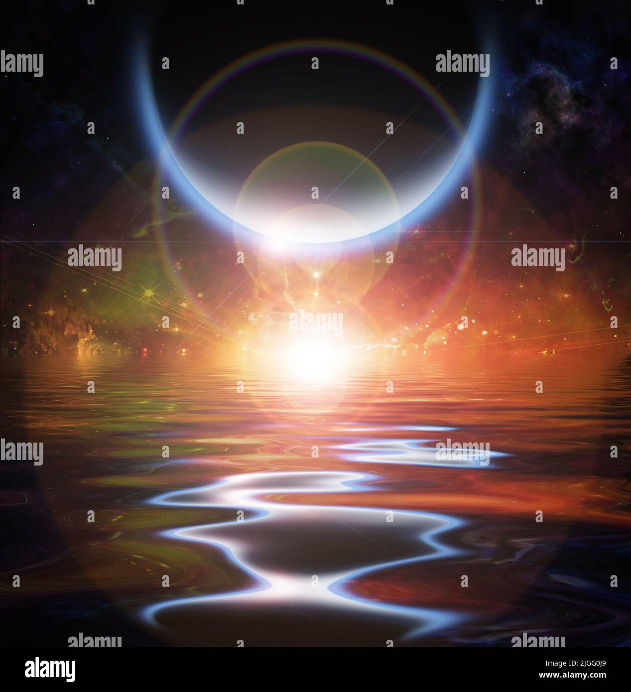 Waters reflection and Planets. 3D rendering Stock Photo - Alamy