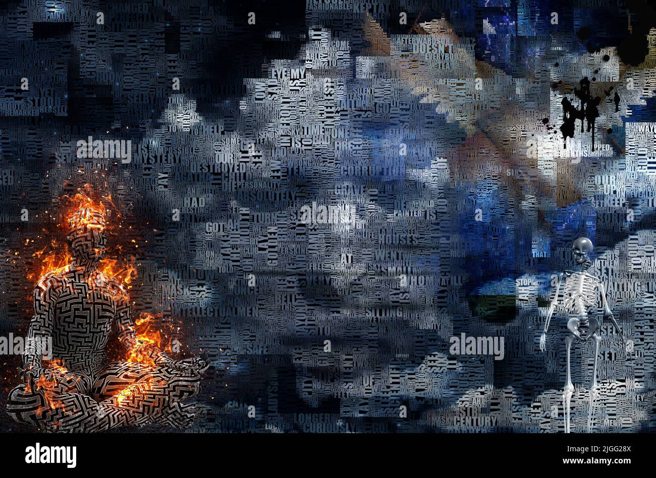 Abstract clouds. Words. Burning man in lotus pose. Pattern of maze on ...