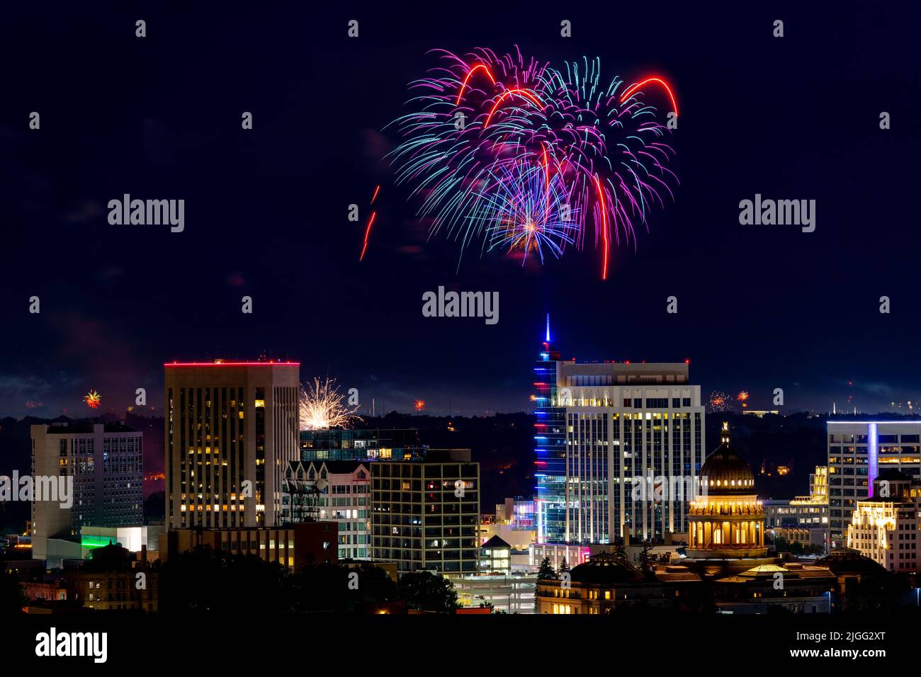 Skyline of Boise at night with fireworks Stock Photo - Alamy