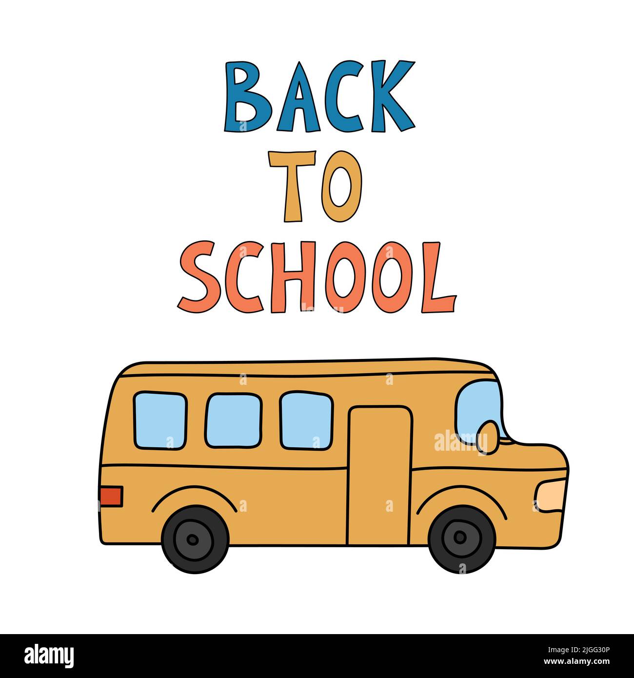 School bus doodle isolated. Hand drawn text Back to school. Outline ...