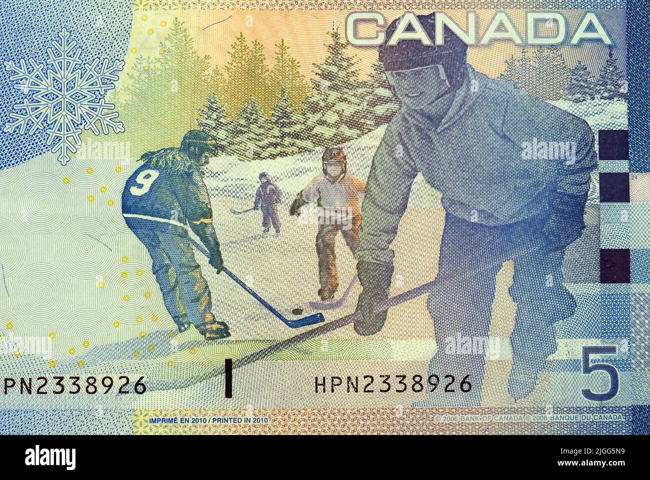 five dollars banknote, $5, (children playing hockey on a frozen pond ...