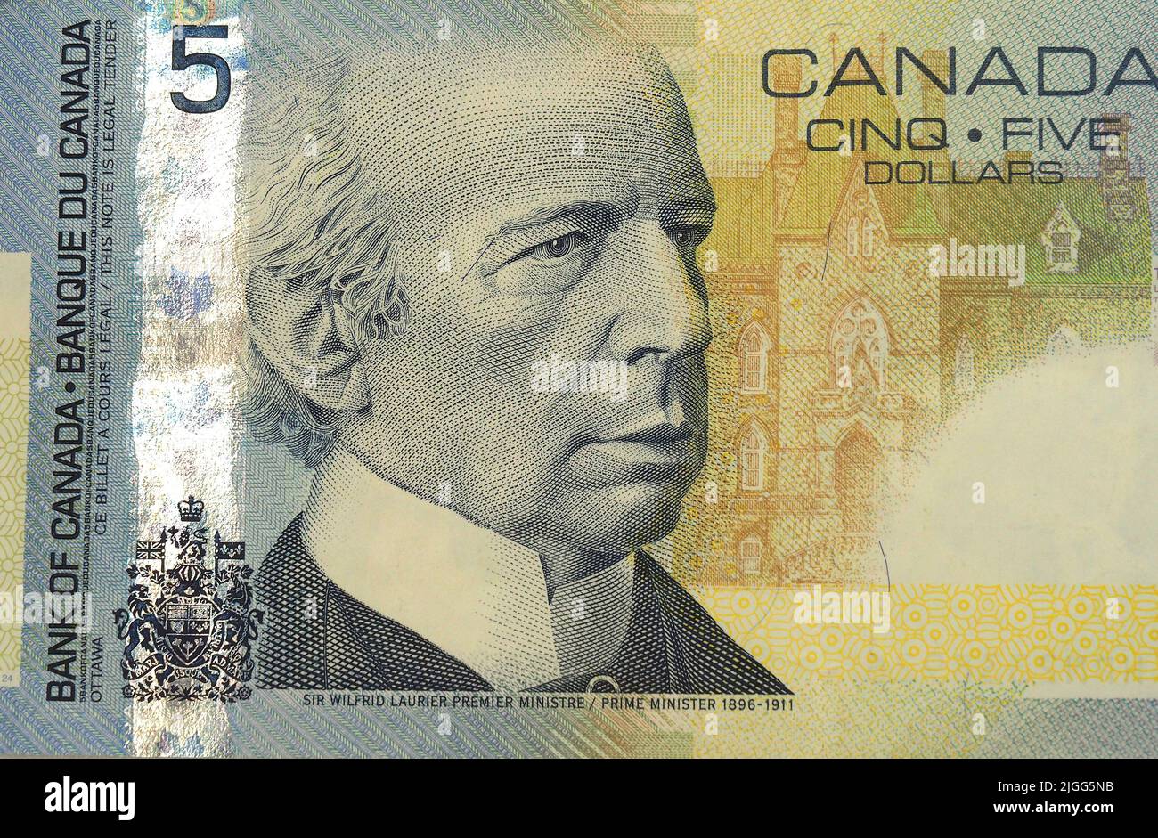 five dollars banknote, $5, (Wilfrid Laurier), Canadian dollar, CAD ...