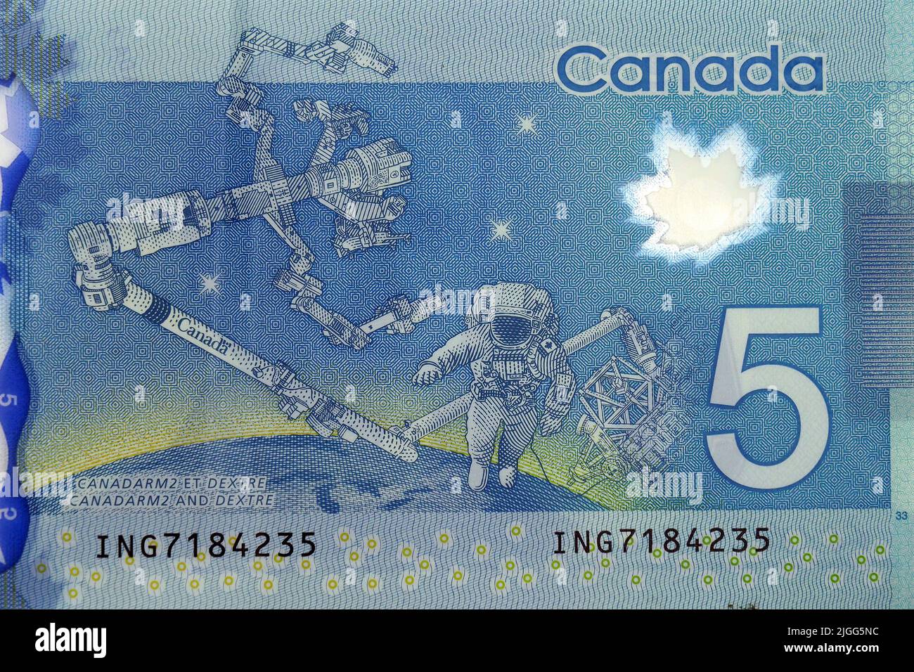 five dollars banknote, $5, (Canadarm2 and Dextre), Canadian dollar, CAD, Canada, North America ...