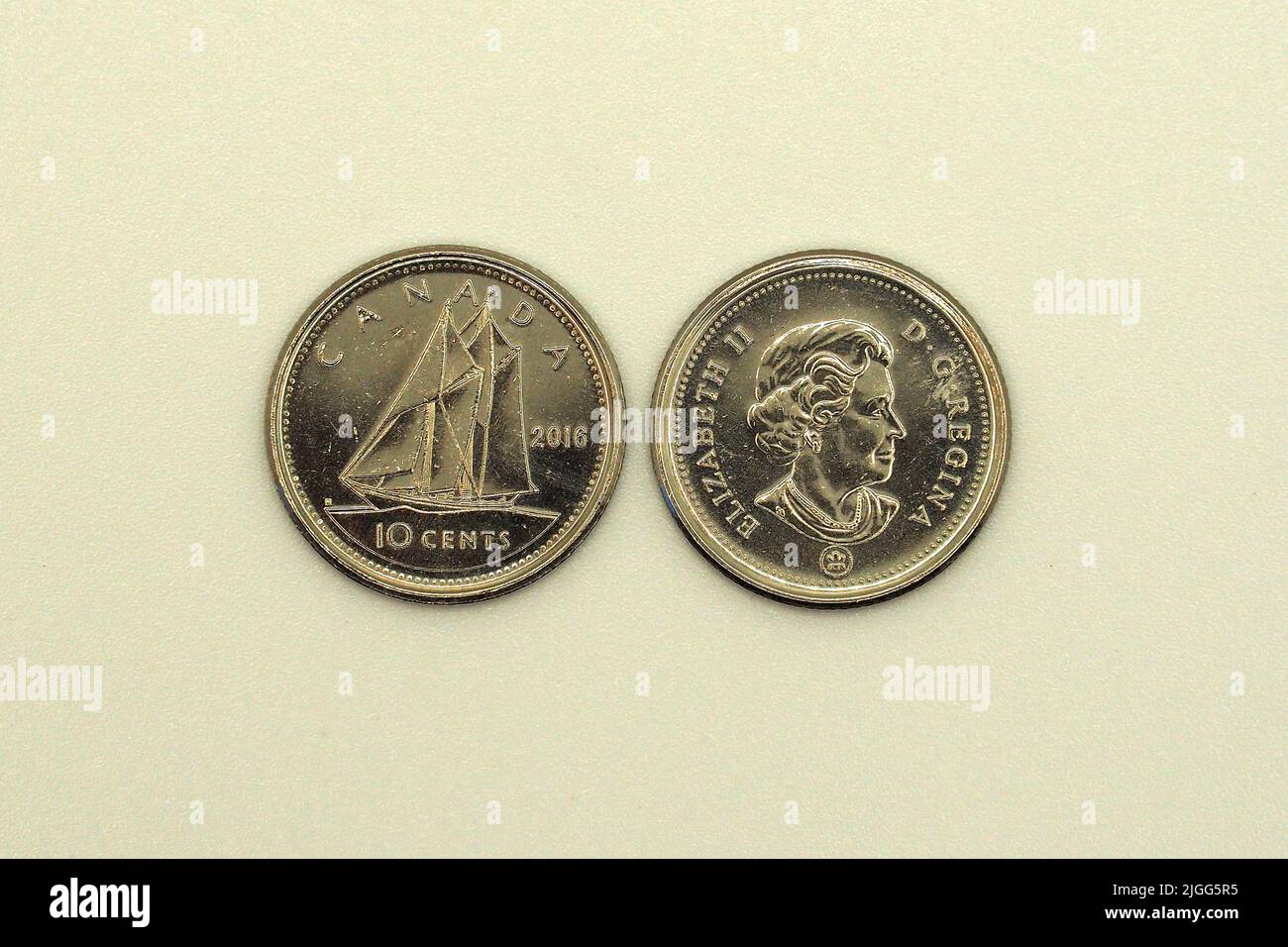 ten cents coins, dime, 10¢, (The Bluenose sailing boat, Queen Elizabeth ...