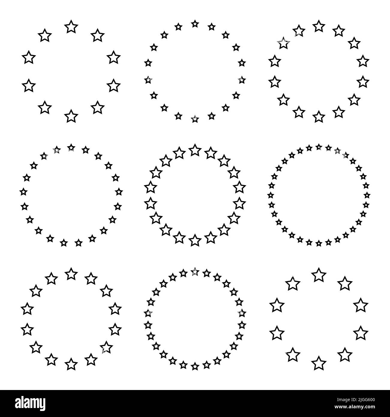 Stars of various sizes arranged in a circle. Round frame, border. Black ...
