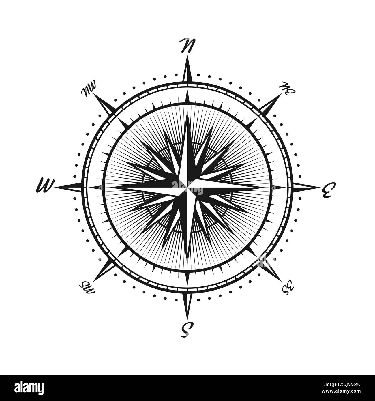 Vintage marine wind rose, nautical chart. Monochrome navigational ...