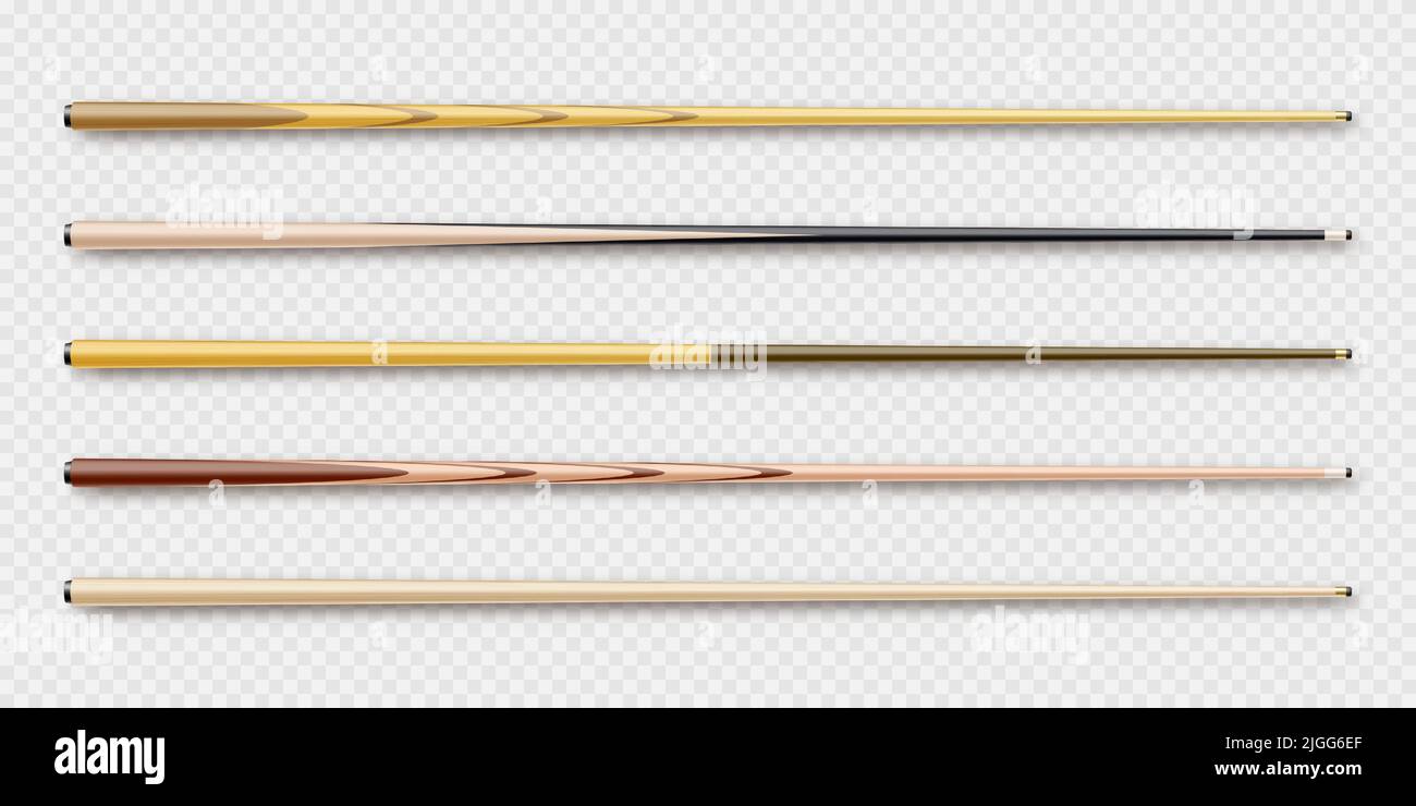 Various wooden billiard cues. Snooker sports equipment. Vintage pool cue. Active recreation and ...