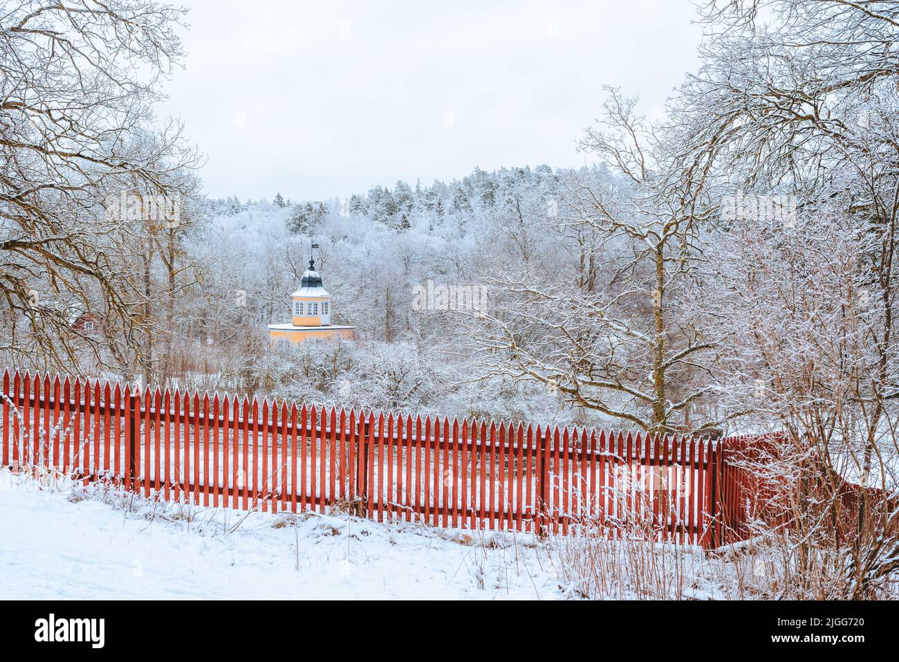 Winter landscape with buildings and trees, Nacka, Stockholm, Sweden ...