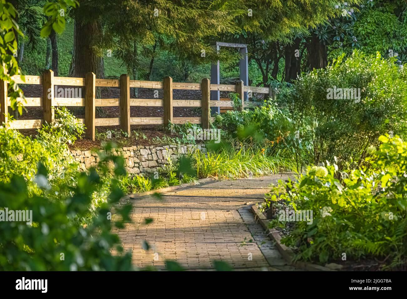 Sunlit brick walkway at Vogel State Park beach on Lake Trahlyta in ...