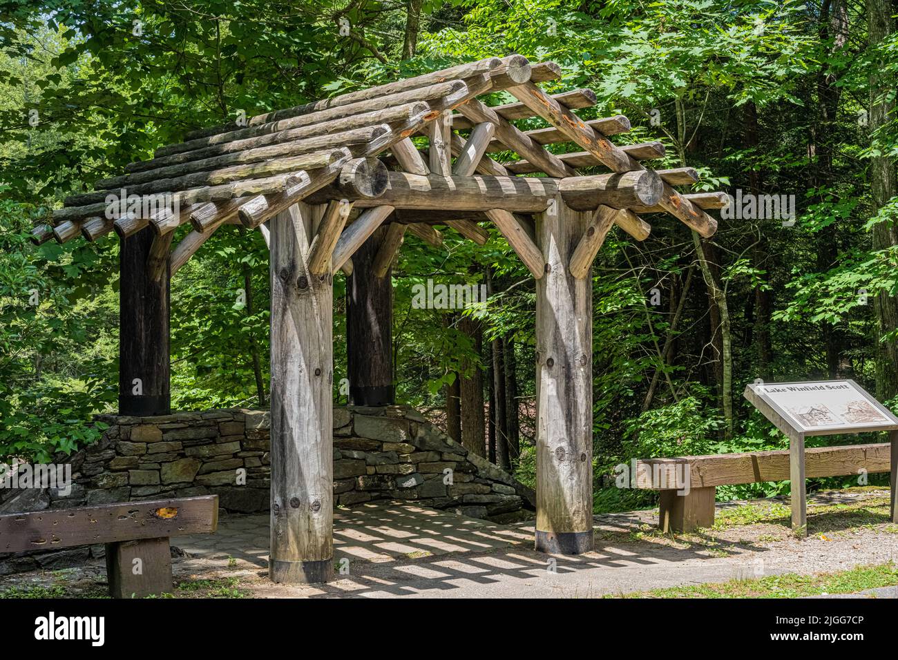 Log structure at the entrance to the campground beach at Lake Winfield ...