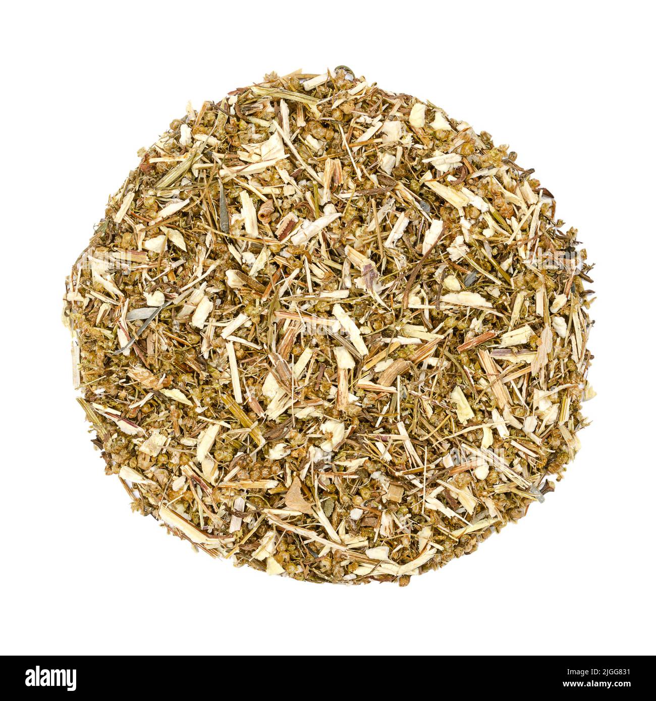 Dried sweet wormwood, Artemisia annua, herb circle from above. The ...