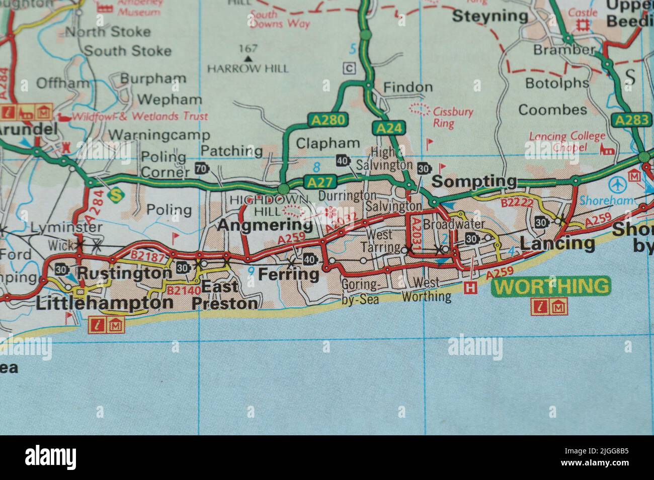 Worthing and Littlehampton in West Sussex in colour in an atlas map ...