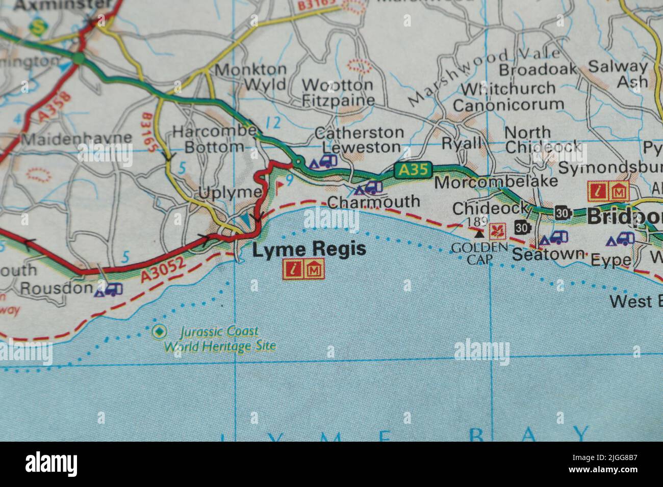 Lyme Regis in Dorset in colour in an atlas map Stock Photo - Alamy
