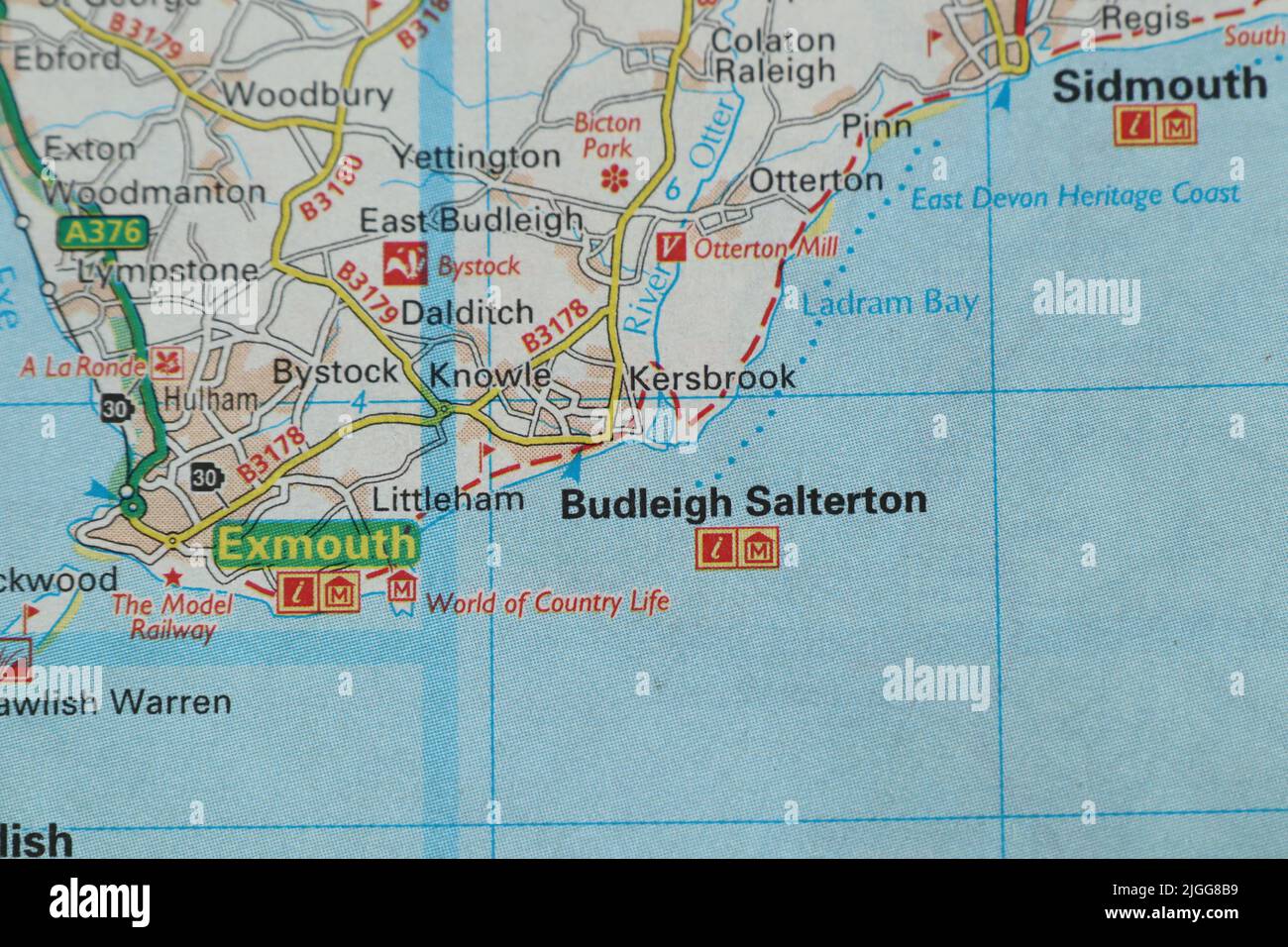 Budleigh Salterton and Exmouth in Devon in colour in an atlas map Stock ...