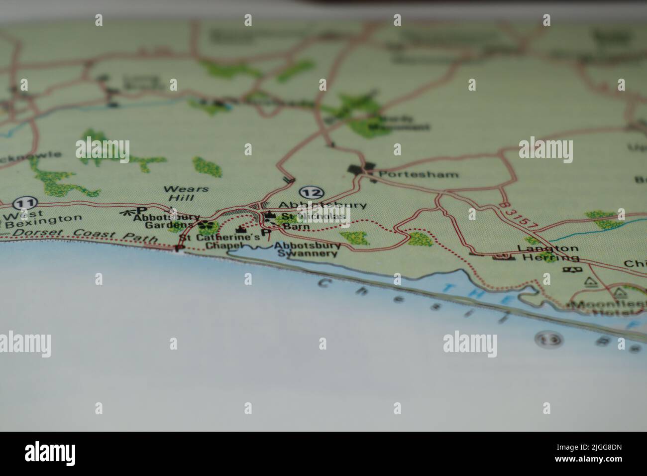 Abbotsbury in Dorset, England in colour in an atlas map Stock Photo - Alamy