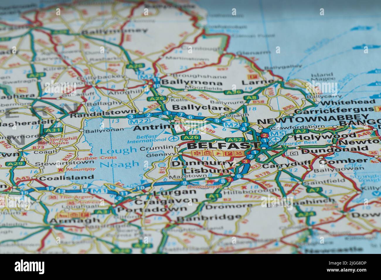 Belfast in Northern Ireland in colour in an atlas map Stock Photo - Alamy