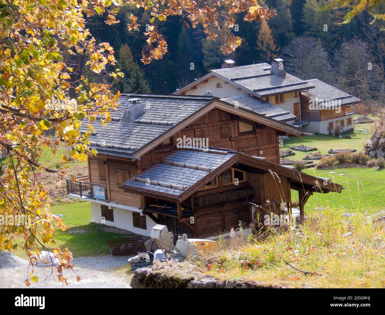 A view of wooden houses in the meadow from the frame of a tree Stock ...