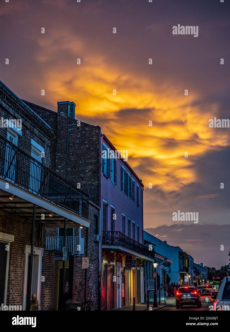 Bourboun Street of New Orleans (Louisiana) at sunset, after a ...