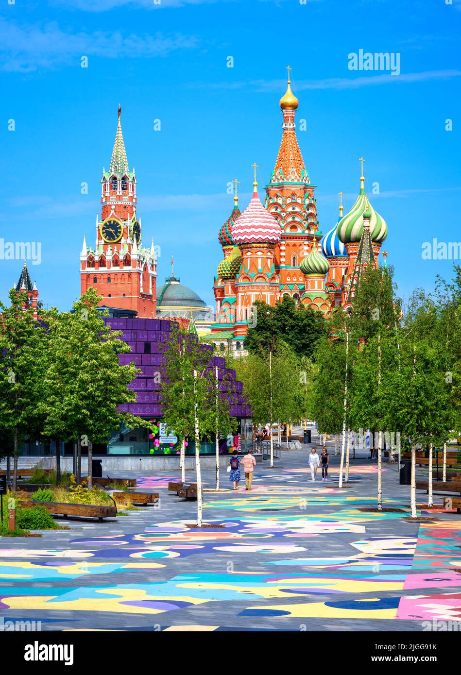 Moscow Kremlin and St Basil's Cathedral, view from modern Zaryadye park ...