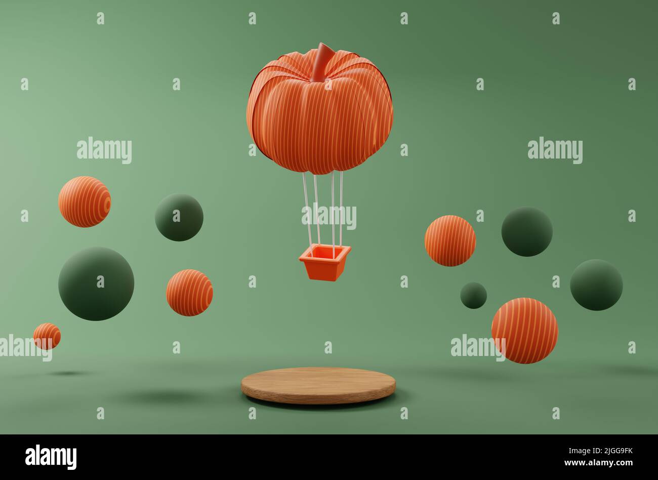 3D render. Autumn fantasy composition. Autumn cartoon pumpkin hot air ...