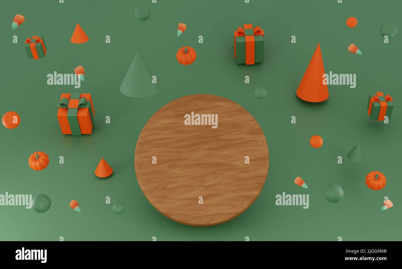 3D render. Autumn fantasy composition. Autumn cartoon pumpkin gifts and ...