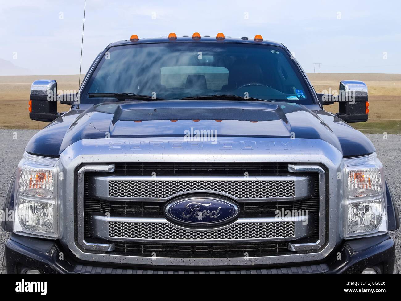 Jokulsarlon, Iceland - 23. June 2022: Front view of a huge black Ford ...