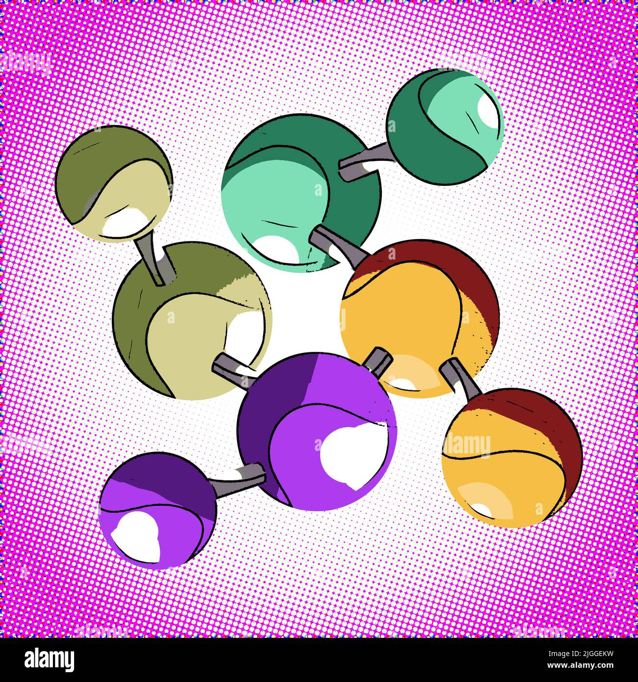 Abstract molecule icon in comic style on retro halftone background ...