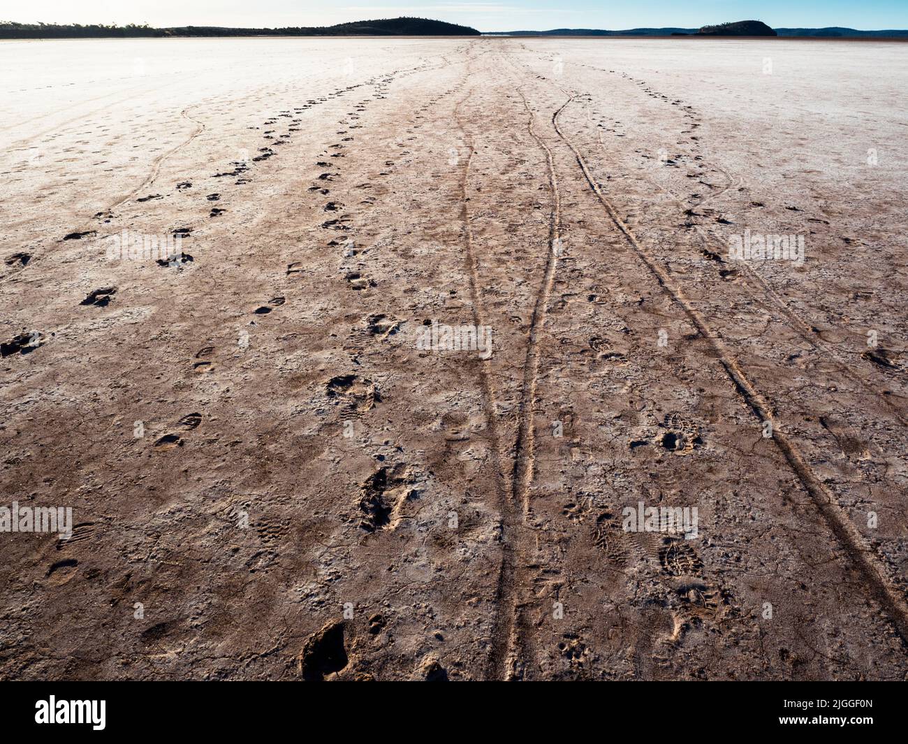 Footprints and tracks in the salt crust and red mud of Lake Ballard ...