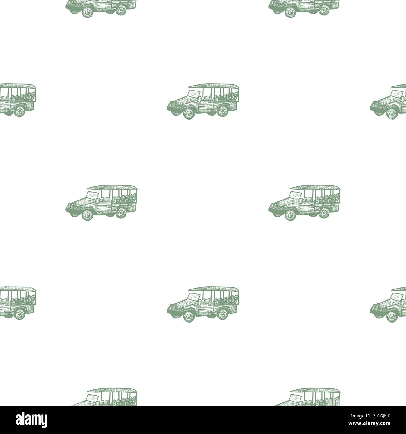Safari bus engraved seamless pattern. Vintage adventure off road car in ...