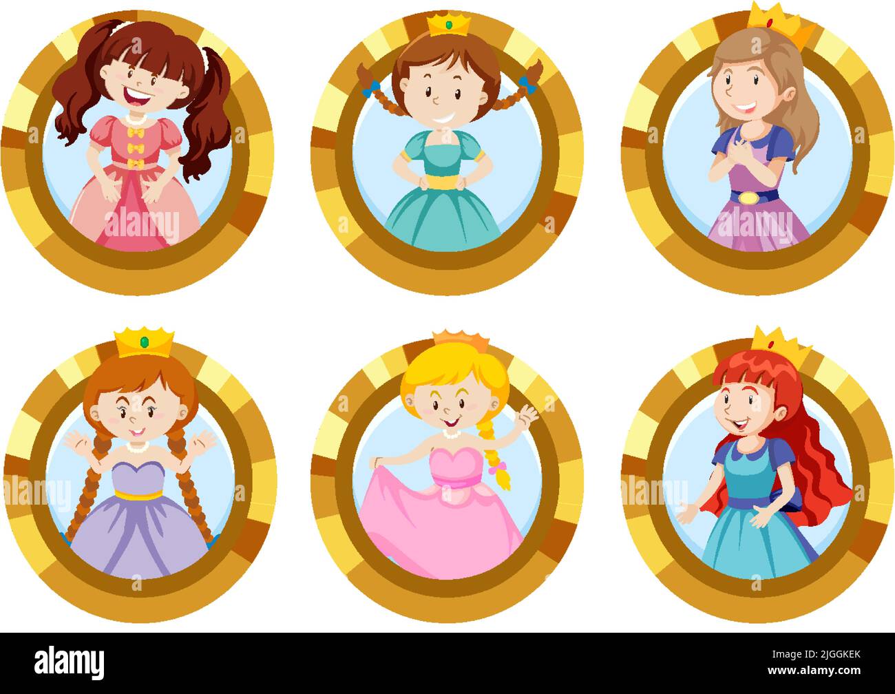 Set of different cute princess cartoon character illustration Stock ...
