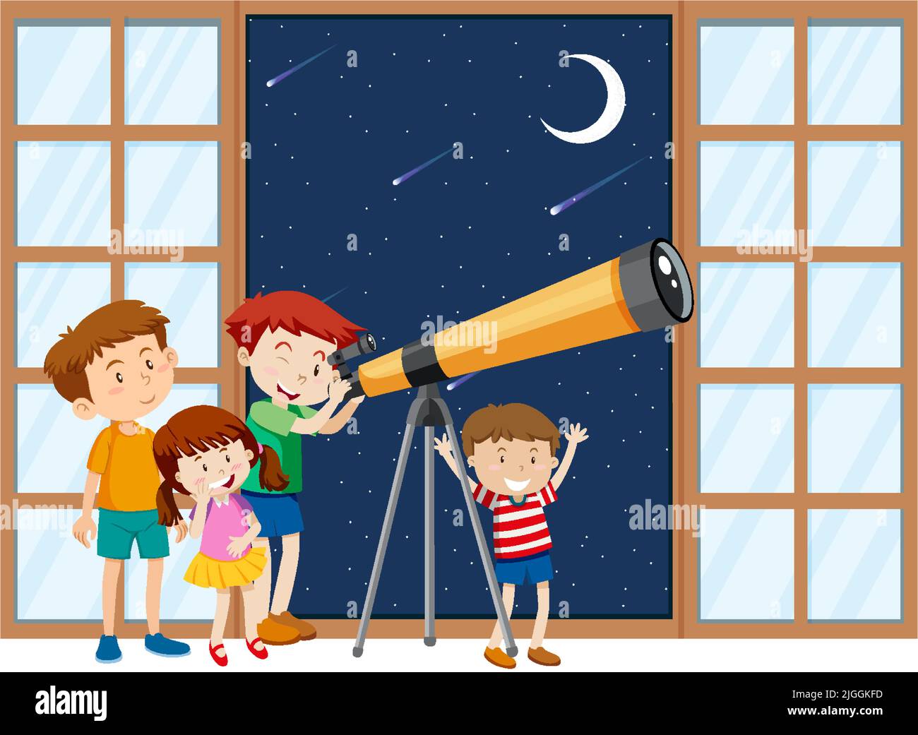 Kids observe night sky with telescope illustration Stock Vector Image ...