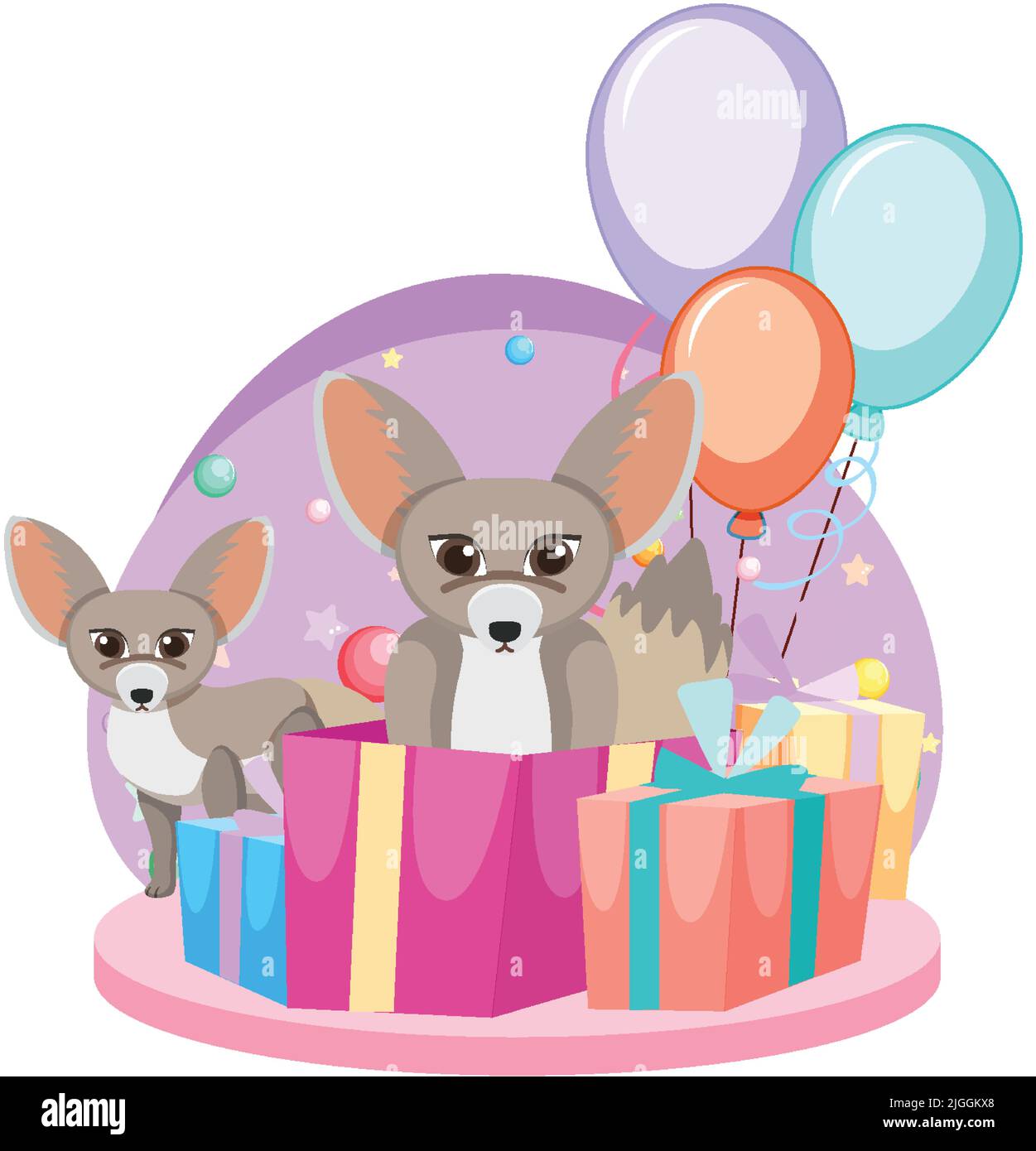 Two fennec foxes with gift boxes and balloons illustration Stock Vector ...