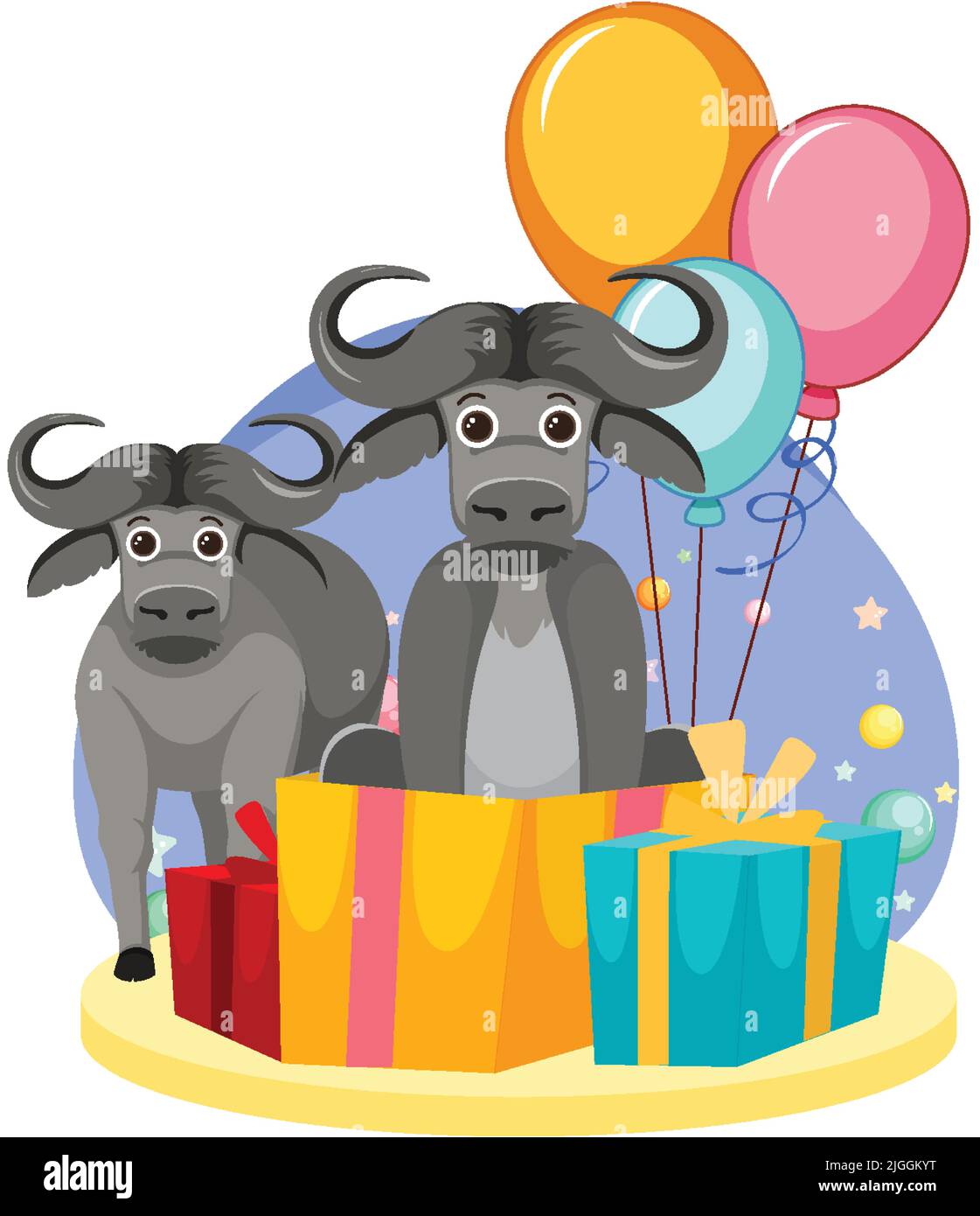 Two cute buffalo with gift boxes and balloons illustration Stock Vector ...
