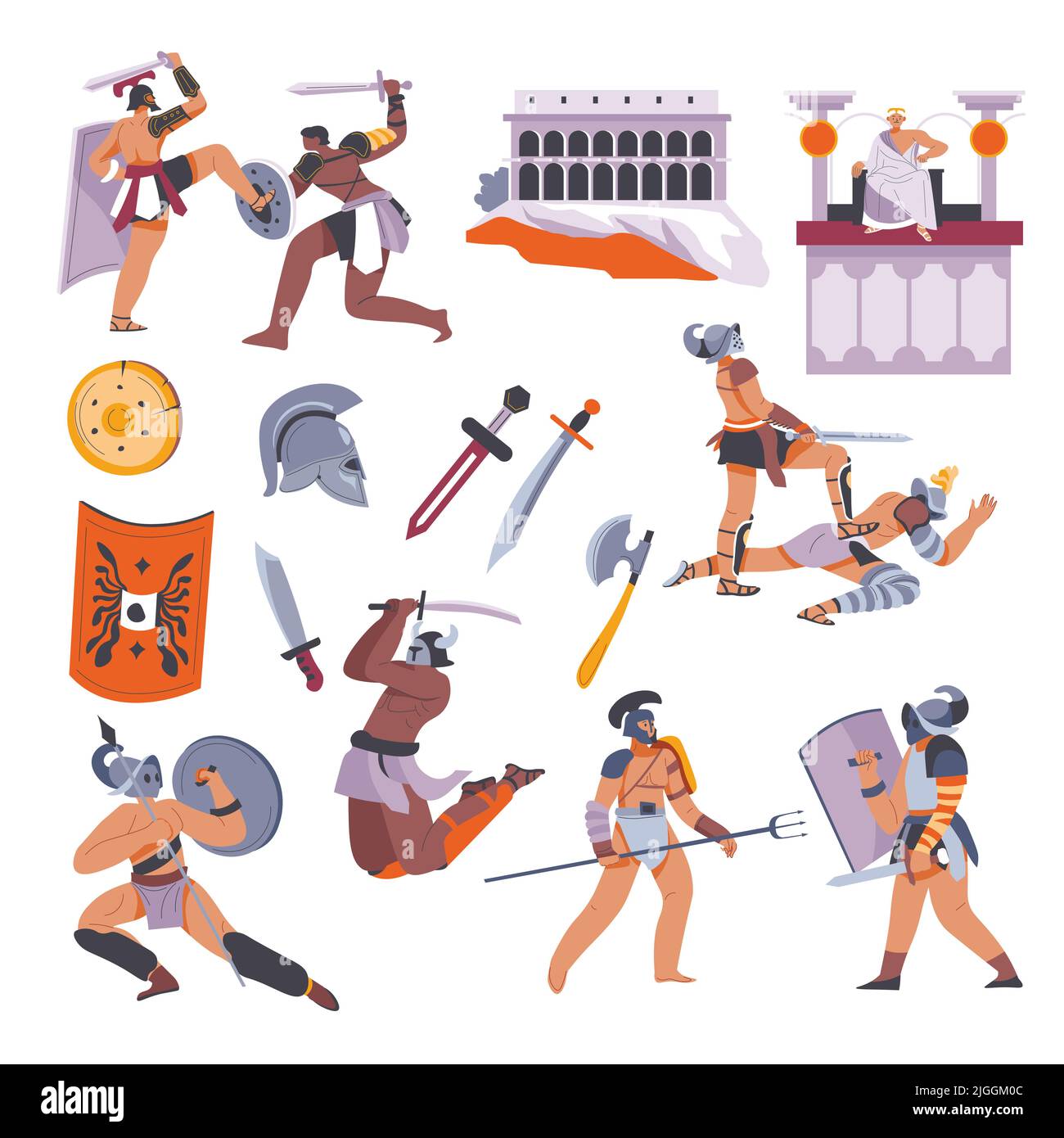 Gladiator fight, soldiers and weapons Roman men Stock Vector Image ...