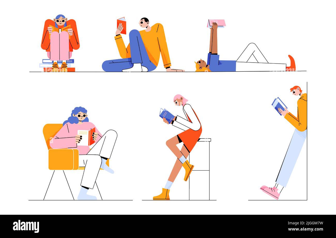 People read books in different poses. Vector flat illustration of ...