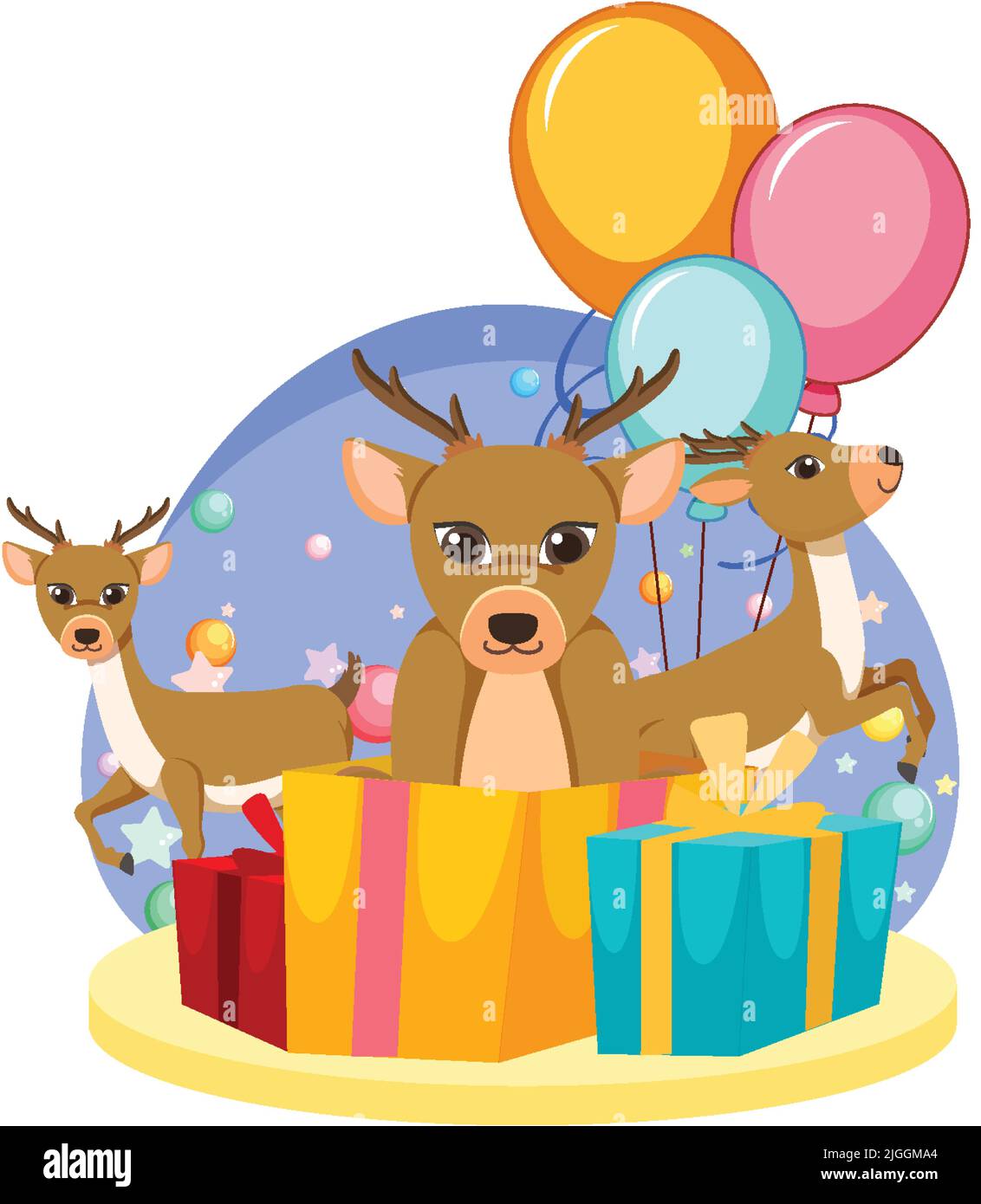 Three deers with gift boxes and balloons illustration Stock Vector ...