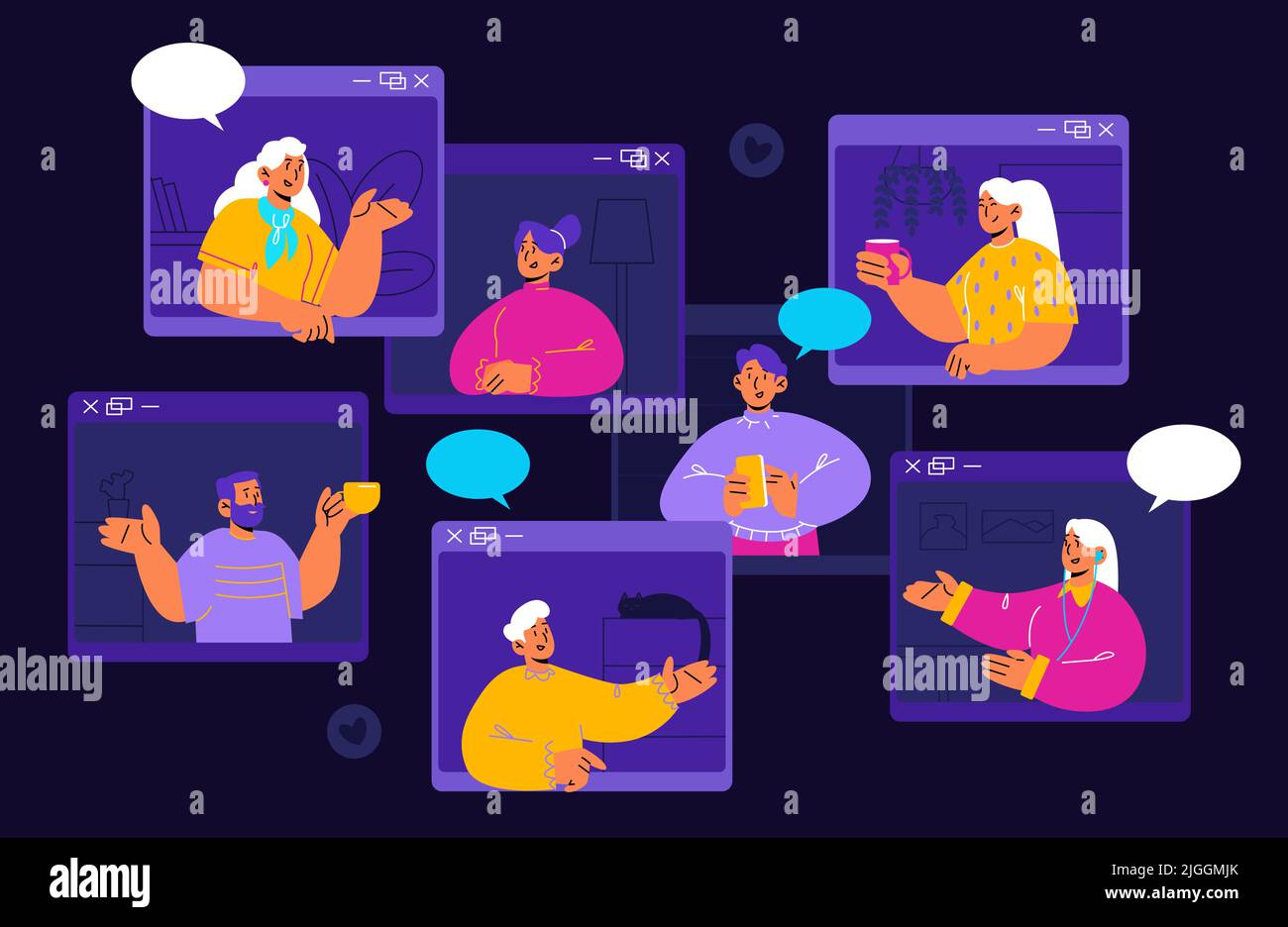 Friends during video conference, male and female characters meet in ...