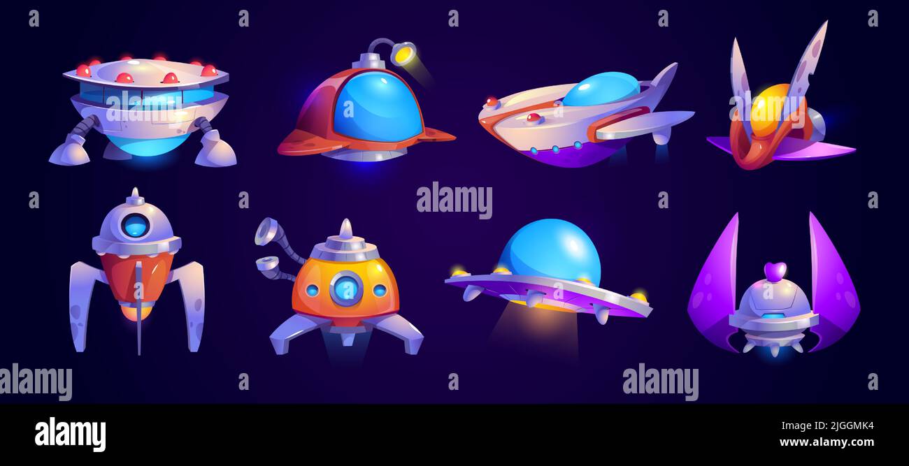 Alien spaceship game icons vector set. Funny rockets, ufo shuttles ...