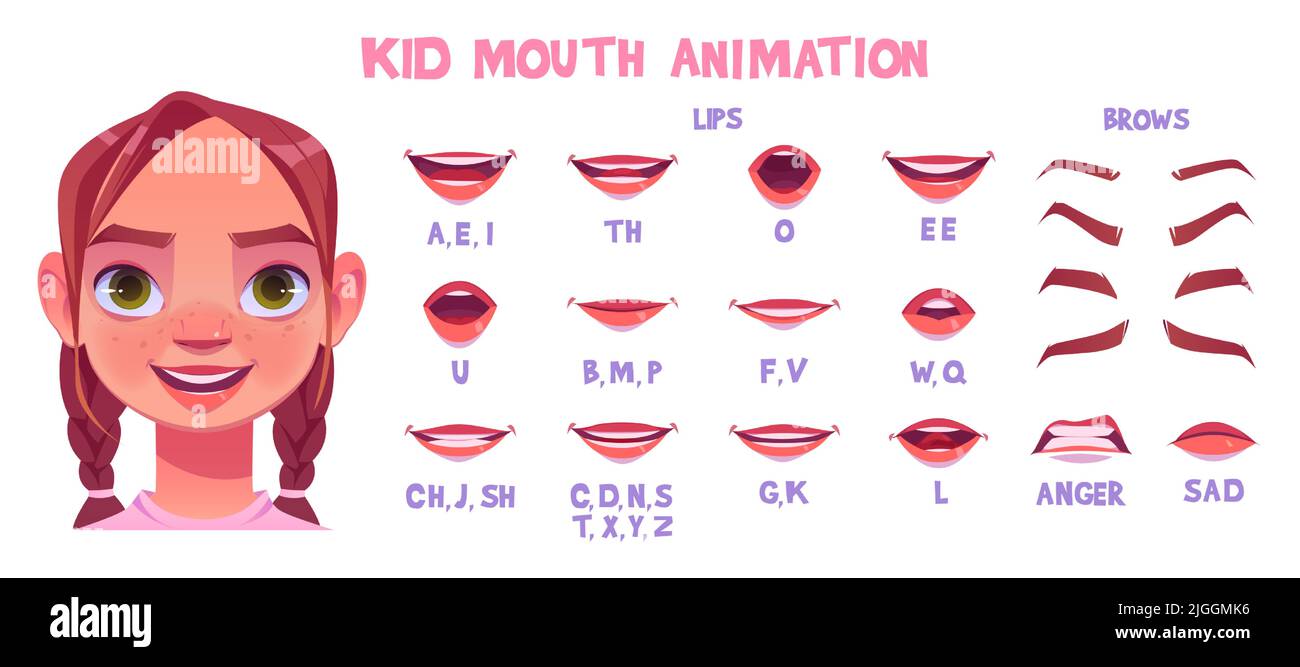 Kid mouth animation with different facial expressions. Little caucasian girl cartoon character ...