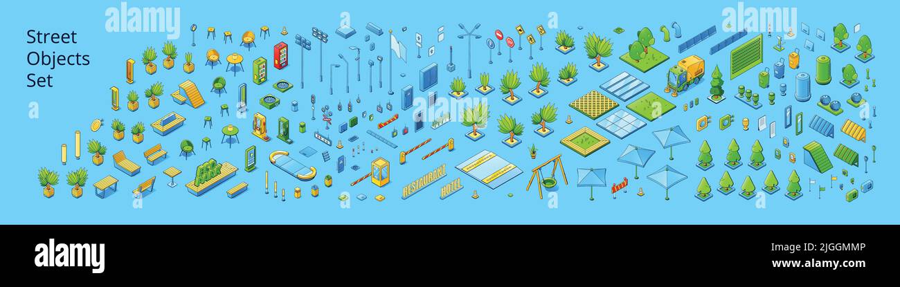 Street objects set with isometric trees, road signs, traffic lights ...