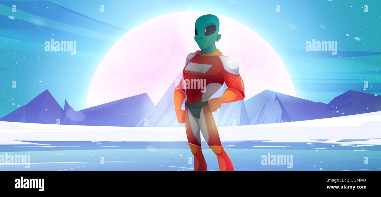 Martian alien cartoon character wear superhero costume stand with arm ...