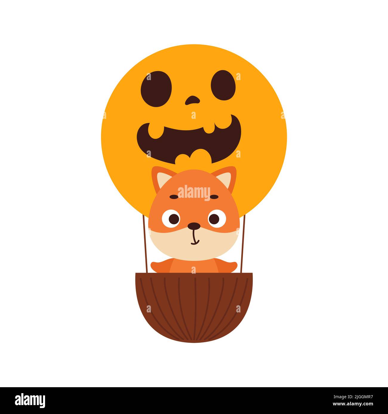 Cute little fox flying on Halloween hot air balloon. Cartoon animal ...
