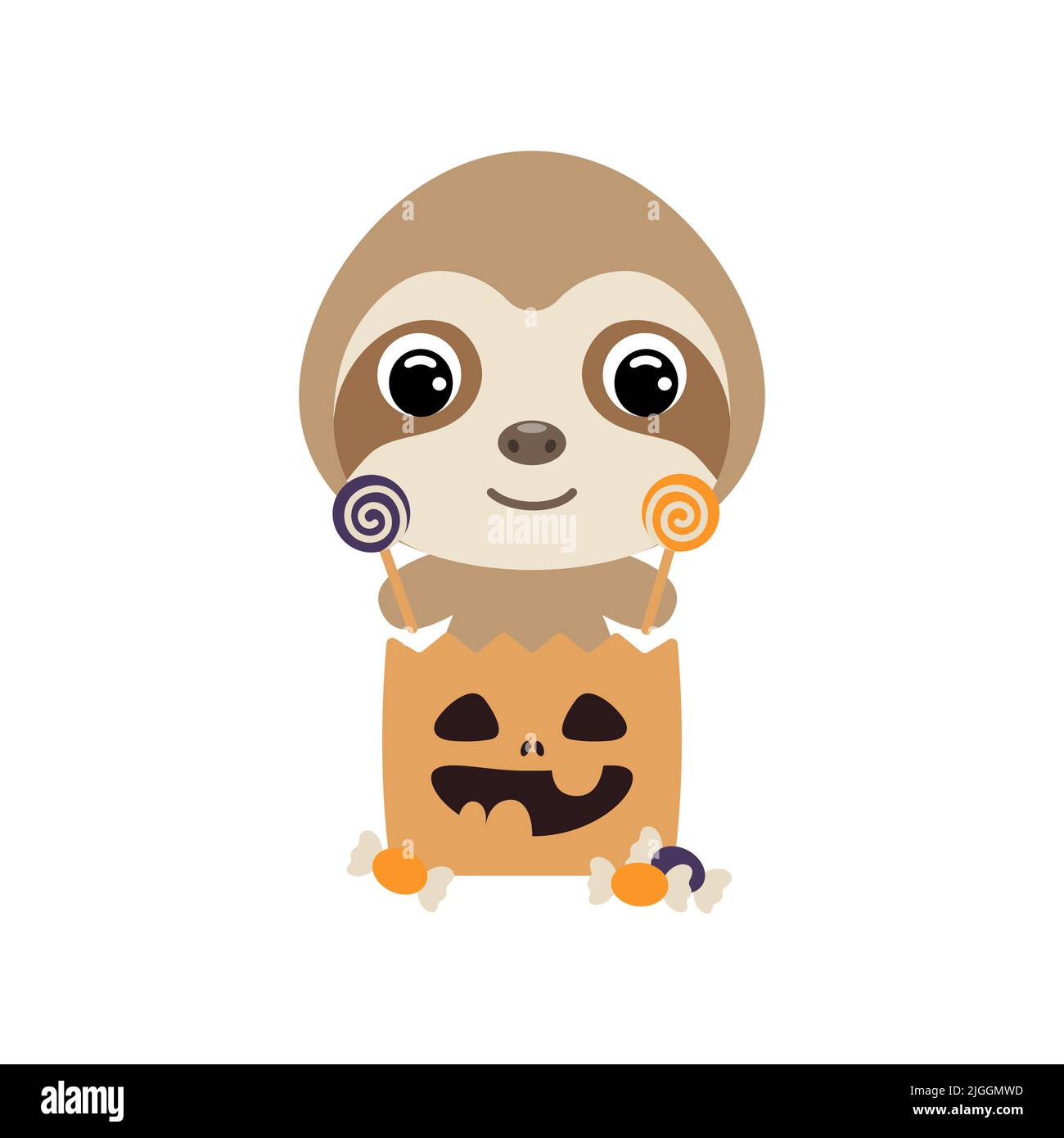 Cute Halloween sloth sitting in a trick or treat bag with candies ...