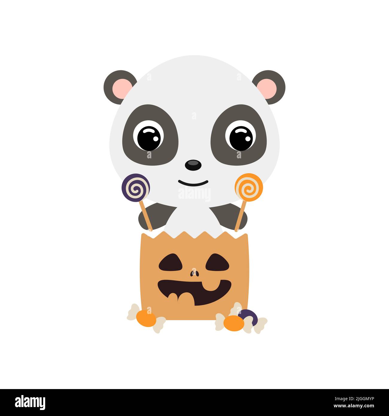 Cute Halloween panda sitting in a trick or treat bag with candies ...